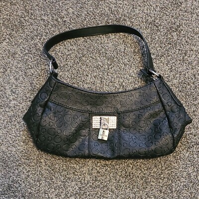 Guess Black Logo Embossed Handbag Purse Rhinestones Silver Hardware ...