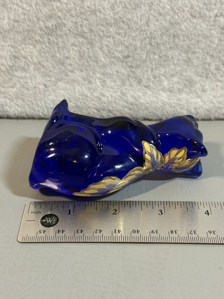 Fenton Cat Glass Figurine Cobalt Blue Hand Painted Gold Leaves Signed ...