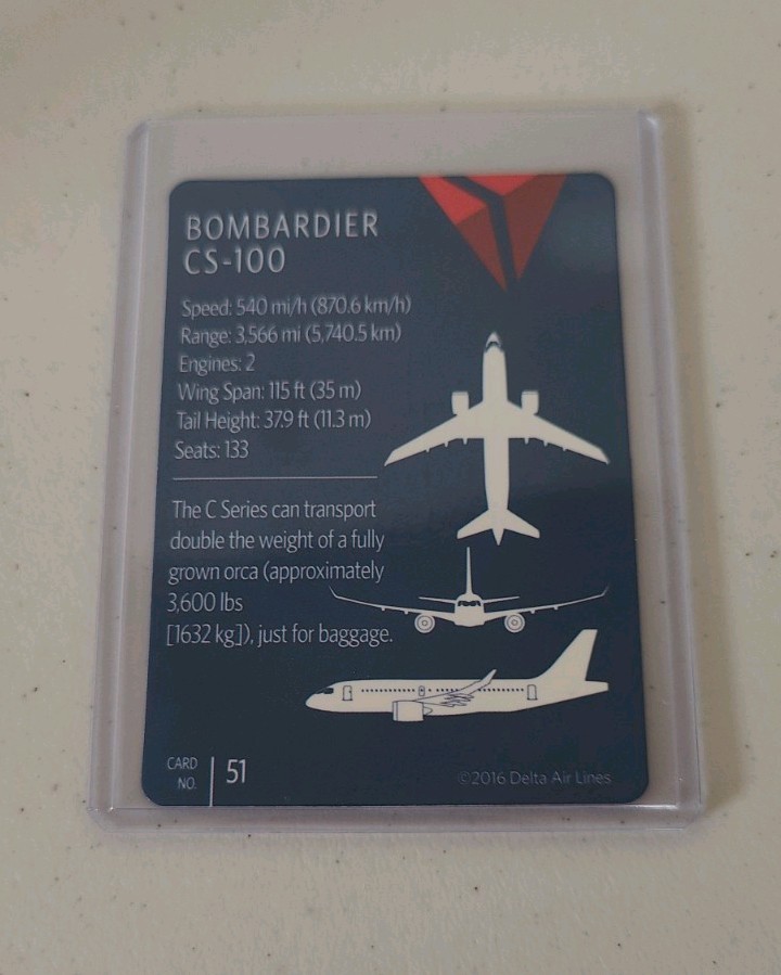 DELTA AIR LINES TRADING CARD 51 BOMBARDIER CS-100 CARD 2016 RARE ...