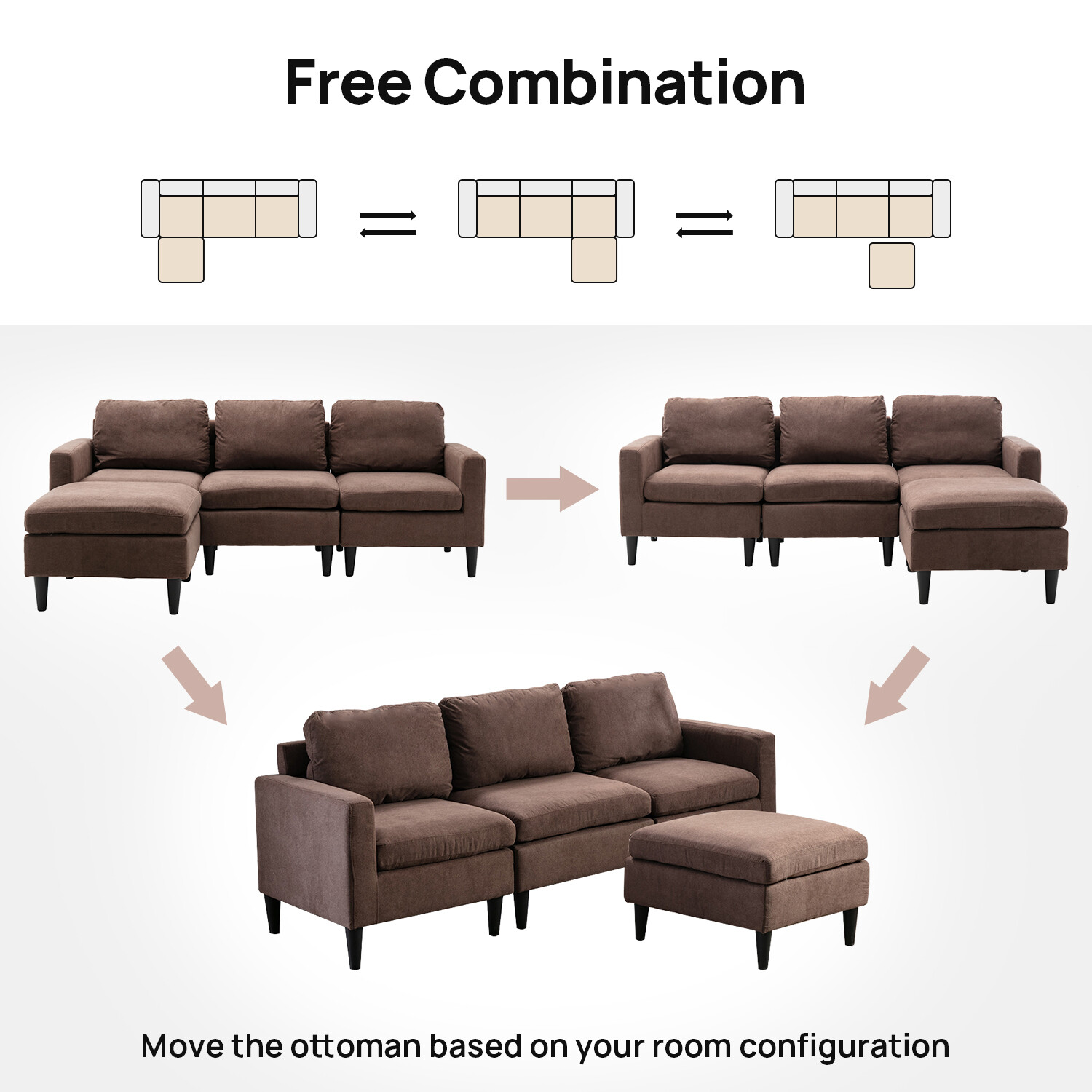 3 Seat Modern Sectional Sofa Couch Sofa Set w/ L-Shaped Chaise for ...