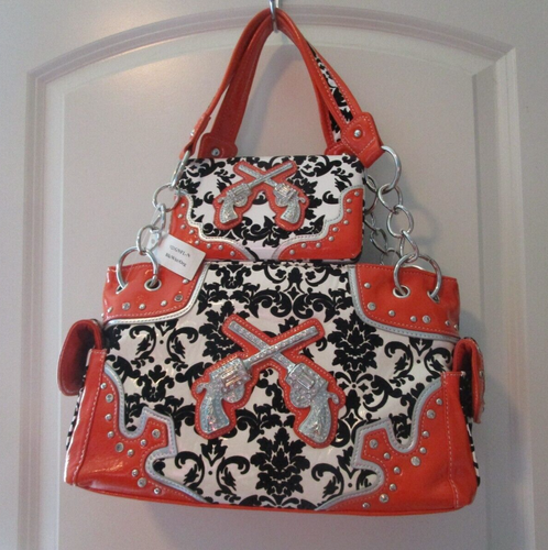 BLING ORANGE & BLACK FLOCKED, GUN ACCENT- HANDBAG & WALLET SET - PHONE ...