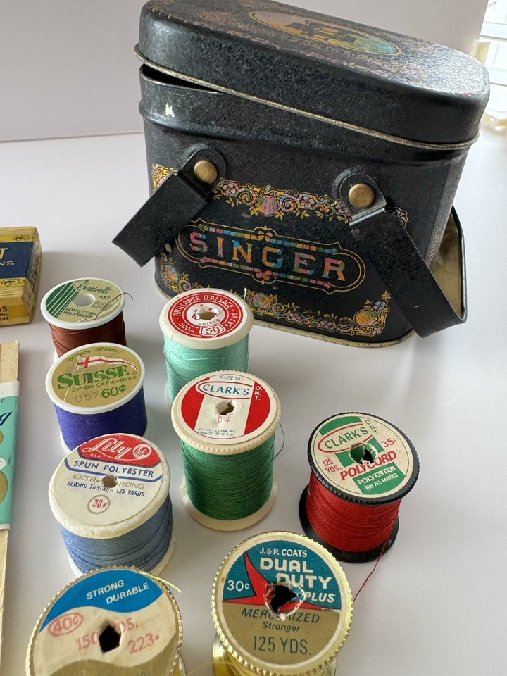 Vintage Sewing Lot in Metal Singer Tin – Thread, Seam Binding, Silk ...