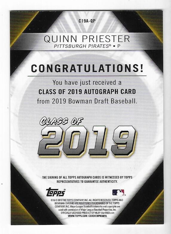 Quinn Priester 2019 BOWMAN CHROME MLB DRAFT CLASS AUTOGRAPH CARD Red ...