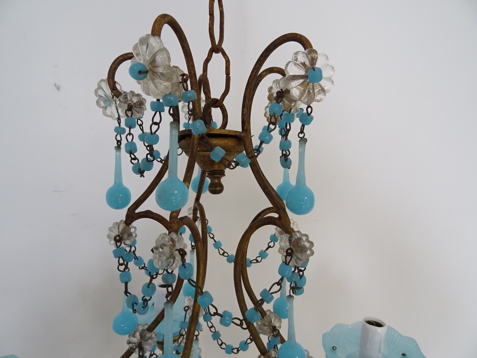 ~French Murano Blue Bobeches Drops & Beads Opaline Beaded Chandelier, c ...