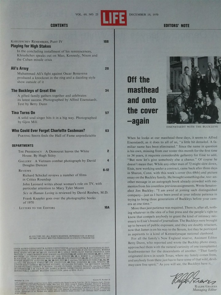 Life Magazine December 18, 1970 The Buckleys Cuban Missile Crisis Tina ...