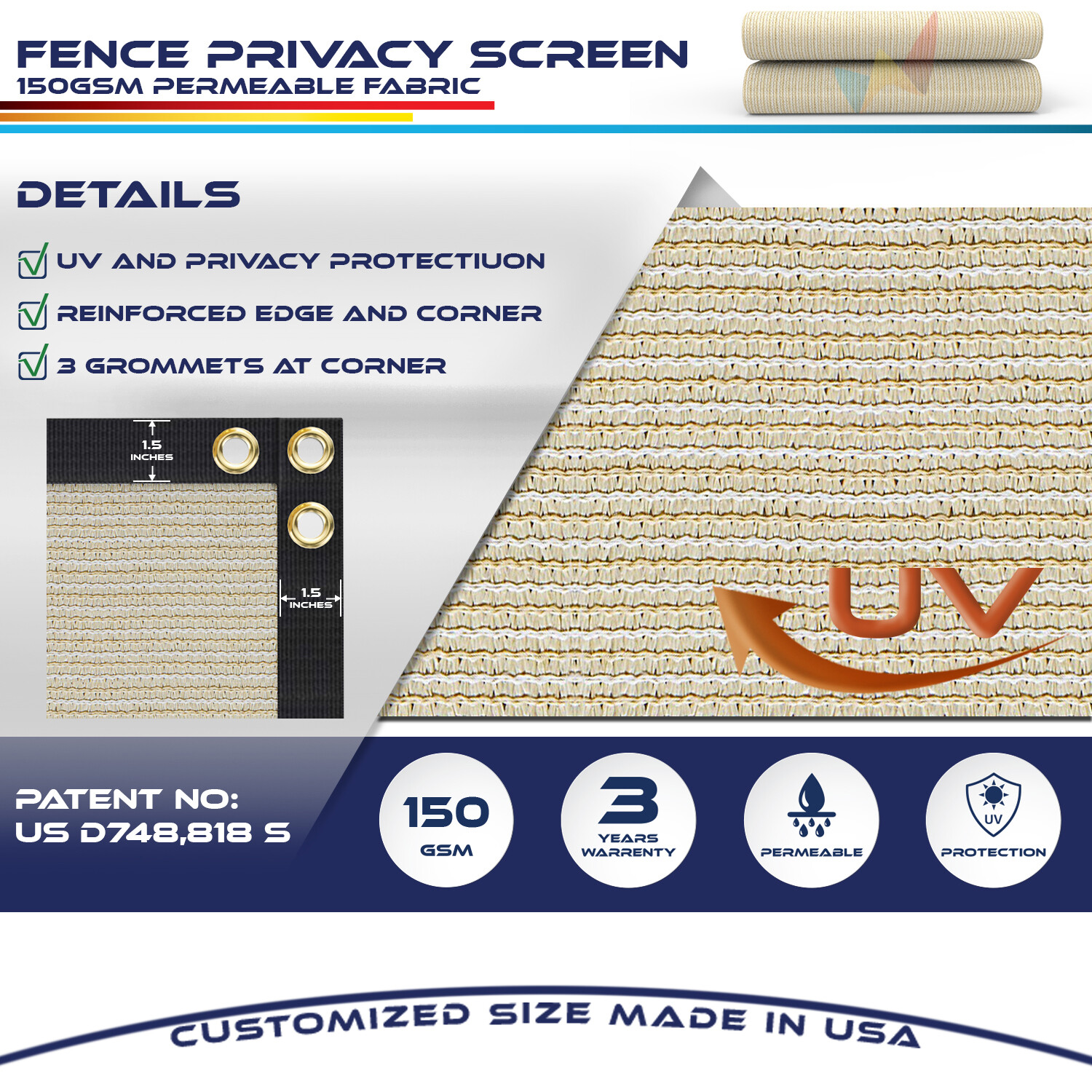 Customize Beige/Tan 4' 5' 6' 8'(H) Fence Privacy Wind Screen Mesh Cover ...