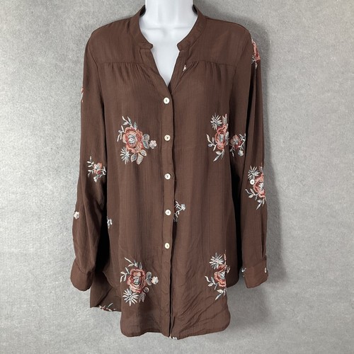 Fig & Flower Top Womens Sz XL Brown Gauzy Floral Embroidery Pleated ...