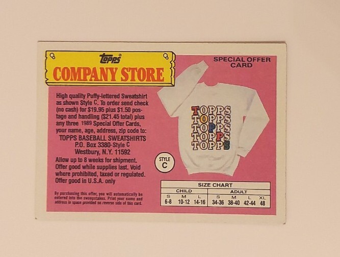 1989 Topps COMPANY STORE SPECIAL OFFER CARD CHOOSE YOUR CARD shirt hat ...