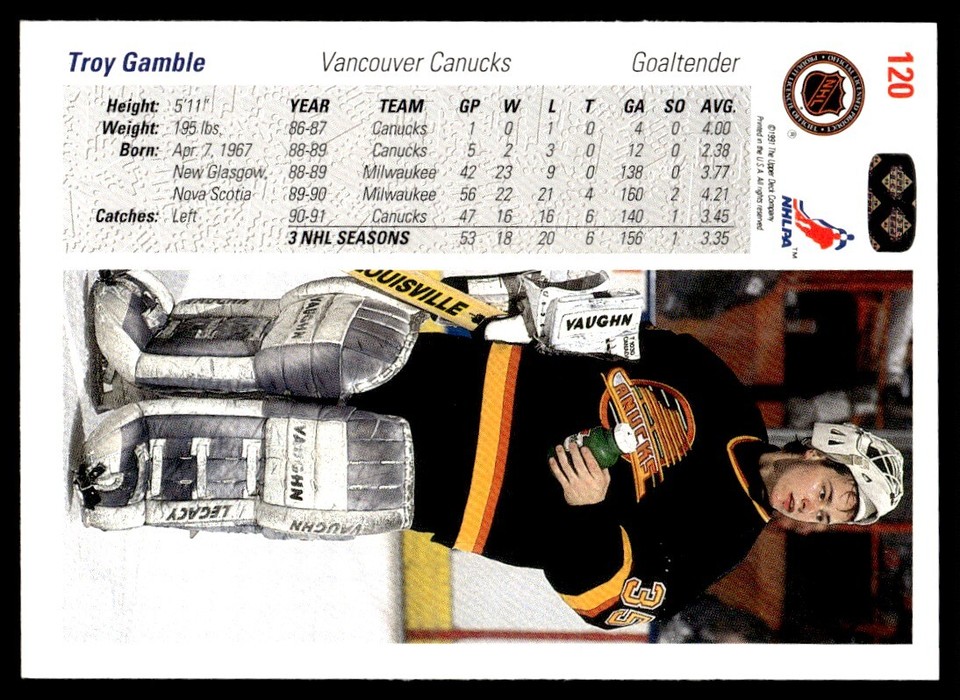 1991-92 Upper Deck Troy Gamble Vancouver Canucks #120 | eBay
