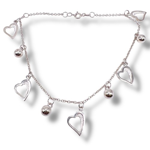 926 Sterling Silver Heart Beads Ball Charm Dangle Anklet 10 Inches 5.5g ...
