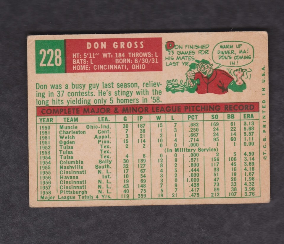 1959 Topps Baseball #228 Don Gross Pittsburgh Pirates VGEX Vintage ...