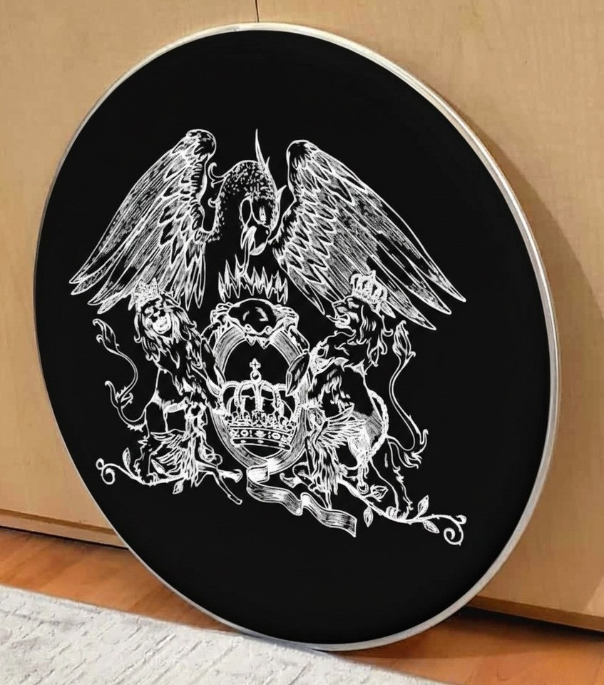 Queen, 22" Bass Drum Head, Royal Family Crest, Roger Taylor, Black | eBay