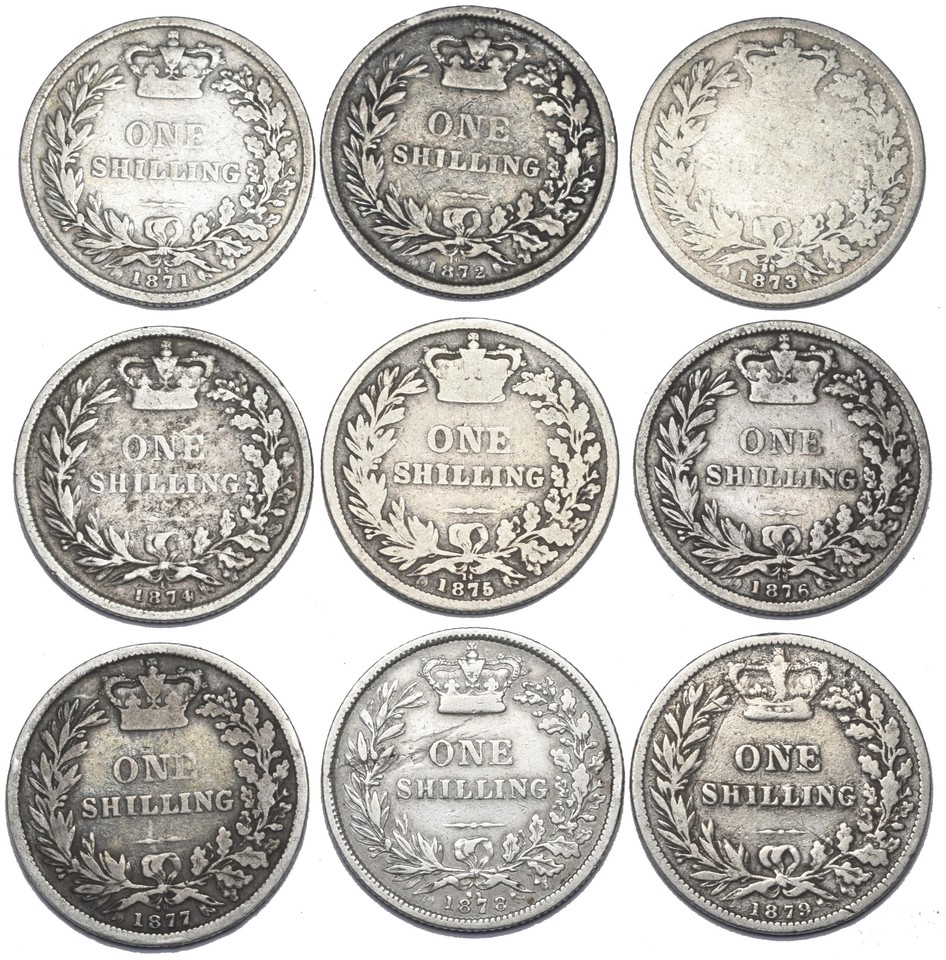 1871 - 1879 Shillings Lot (9 Coins) - Victoria British Silver Coins ...
