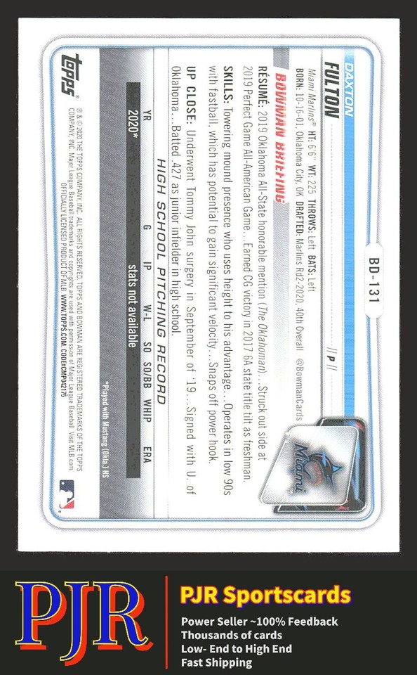 2020 Bowman Draft #BD-131 Daxton Fulton Miami Marlins | eBay