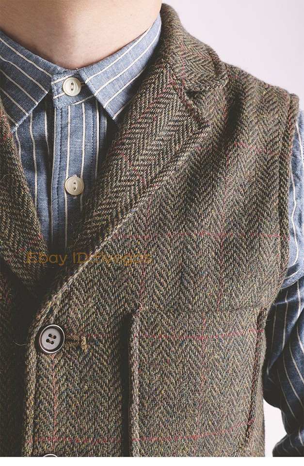 Men's Casual Herringbone Vest Wool Blend Tweed Suit Collar Vintage ...