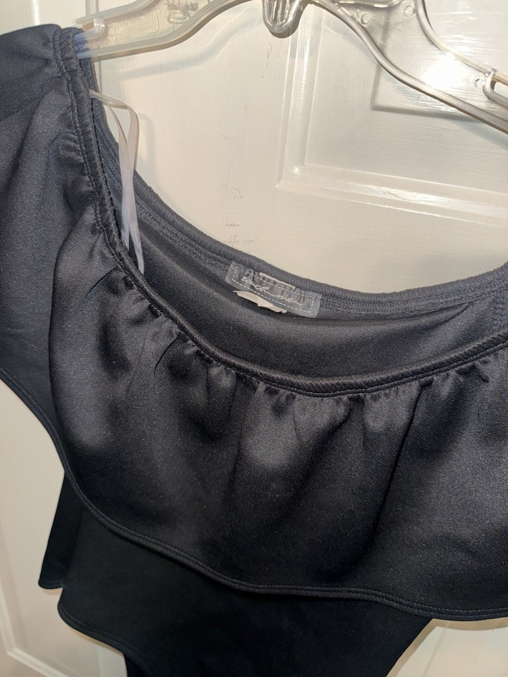 Touch Me Black Lace Bodysuit Sz M Bell Sleeves Drama Off the shoulders ...