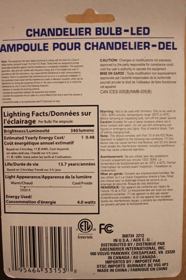 Intertek (8-bulbs) LED Chandelier 4 Watt (40W) B10 3000K Candelabra ...