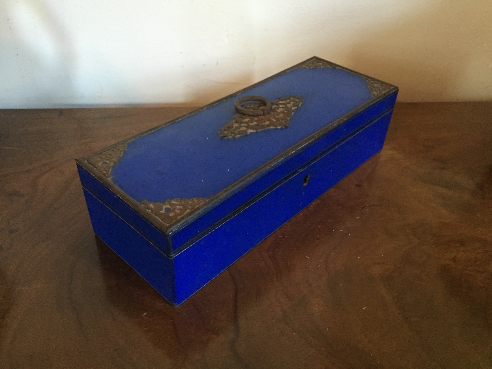Antique 19th century Wood Blue Lacquer Box Steel Mounts Moreen Lining ...
