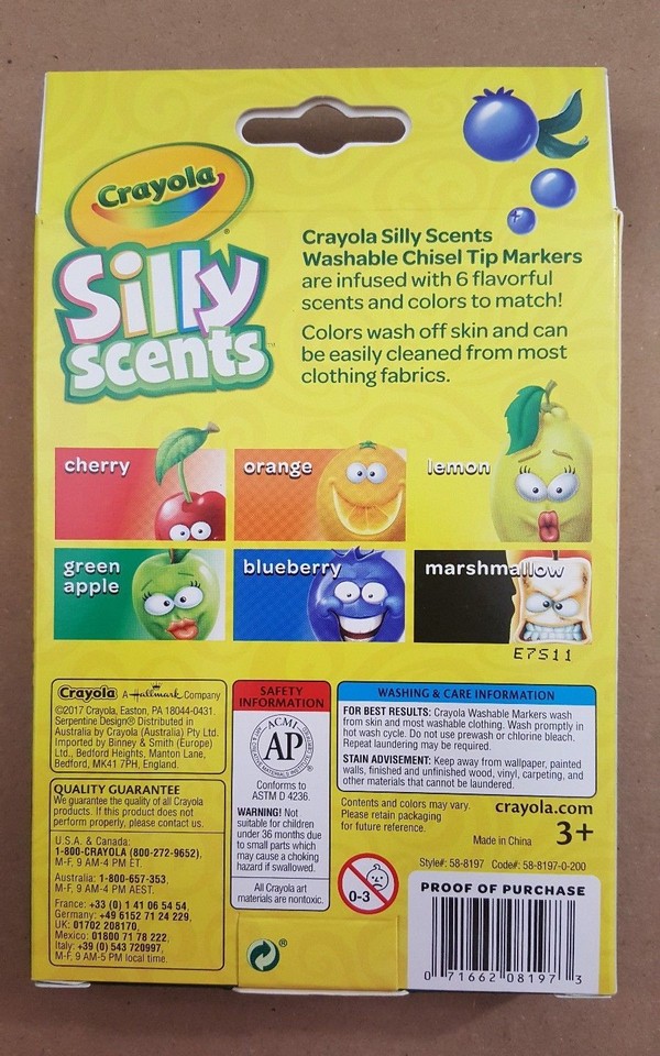 CRAYOLA 6 PACK OF SILLY SCENTS WASHABLE CHISEL TIP MARKERS~FOR AGES 3 ...