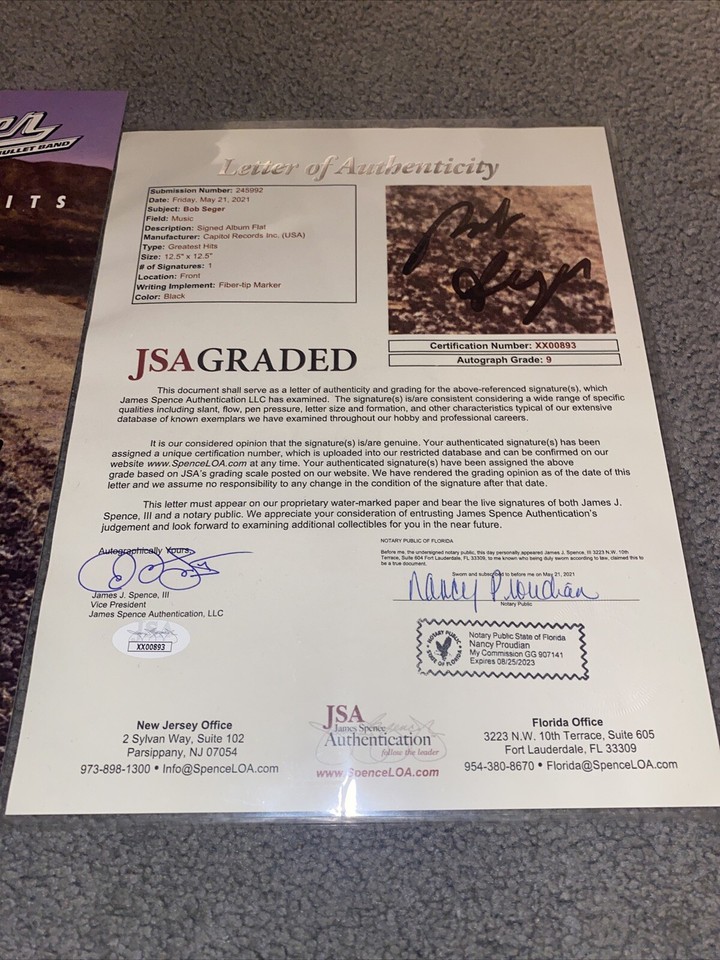 Bob Seger Autograph Signed Flat 12x12 JSA LOA Letter COA VERY RARE ...