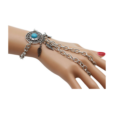Women Silver Metal Hand Chain Bracelet Connected Ring Turquoise ...