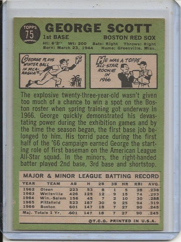1967 Topps Baseball Card George Scott 1st Base Boston Red Sox NR MT ...