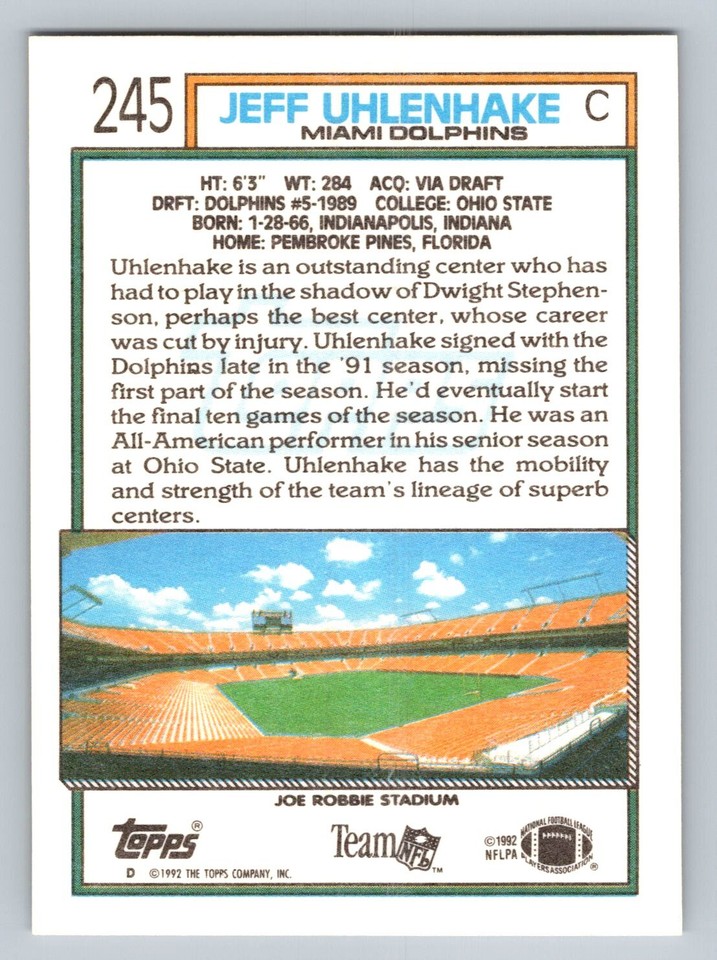 Jeff Uhlenhake 1992 Topps #245 Miami Dolphins | eBay