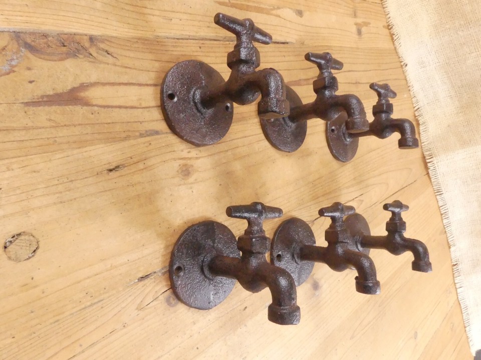 6 Rustic Hooks Cast Iron Faucet Spigot Towel Rack Bath Coat Farmhouse ...