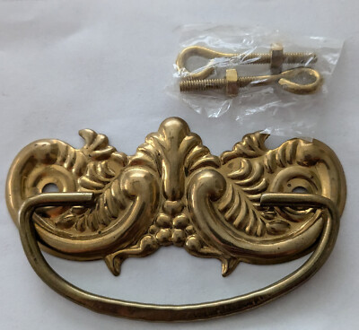 3ea lot Stamped Polished Brass backplate Drawer Handles w Bail Pulls ...