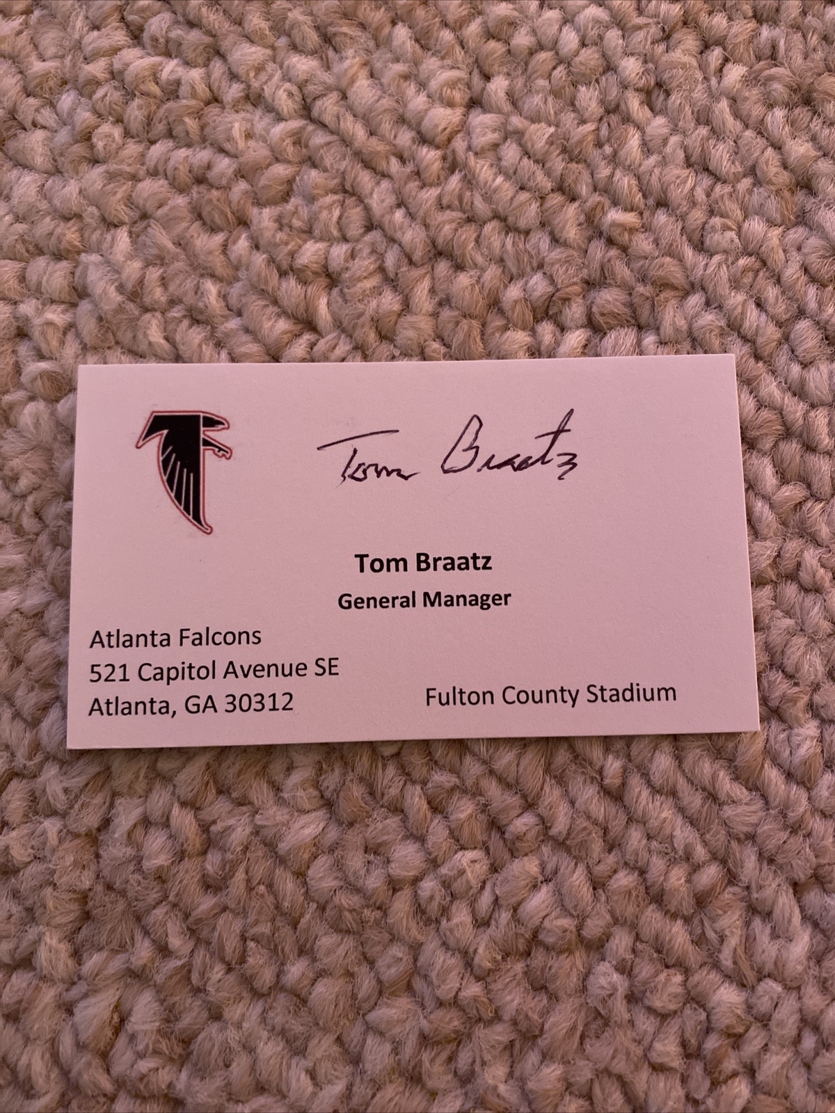 Tom Braatz Signed Business Card Atlanta Falcons Autograph Auto | eBay