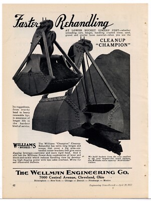 1932 Wellman Engineering Ad: Williams Champion Excavator/Shovel Buckets ...