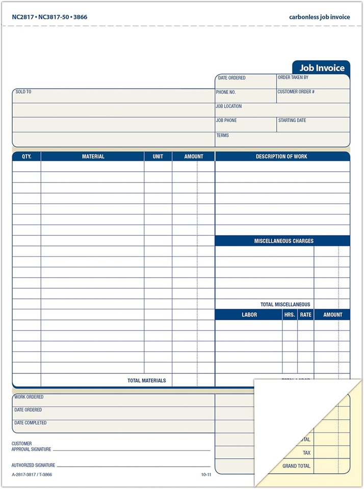 Job Invoice Forms, 2-Part Carbonless, for Service and Repair Billing ...