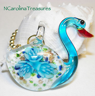 SWAN AQUA FLORAL BURST BIRD GLASS CEILING FAN LIGHT SWITCH PULL PULLS ...