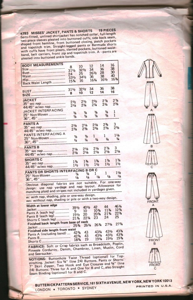 4793 Vintage Butterick SEWING Pattern Misses Kenzo Jacket Pants Shorts ...