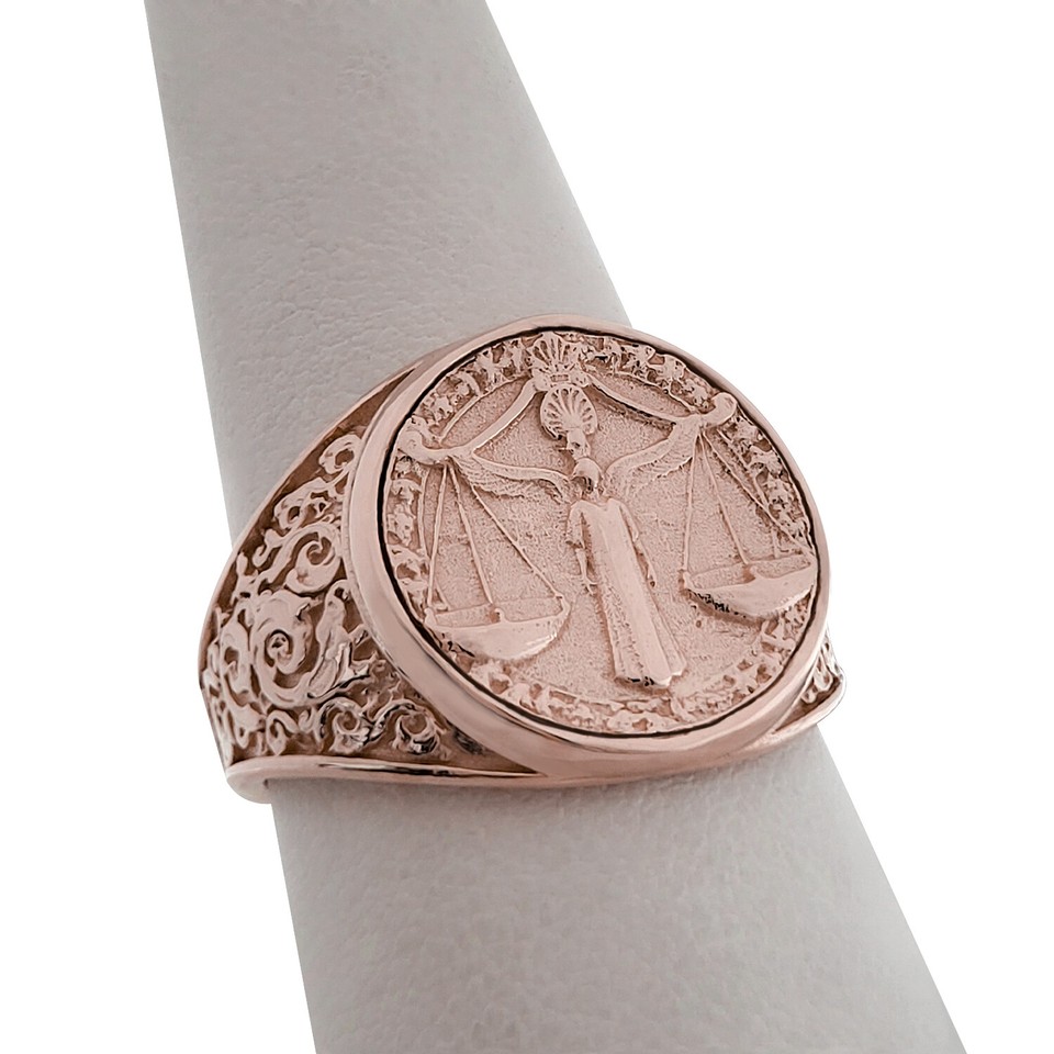 Real 18K Rose Gold Libra Ring, Zodiac Sign Mens Gold Coin Ring ...