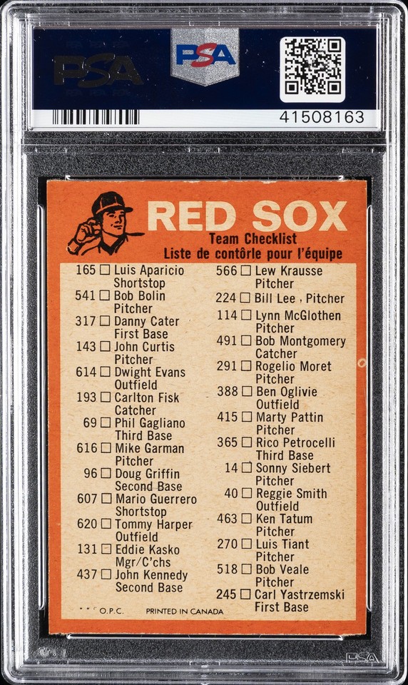 1973 O-PEE-CHEE TEAM CHECKLISTS BOSTON RED SOX PSA 8 | eBay