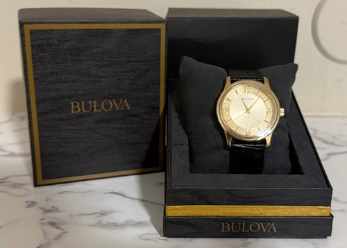 New Bulova Classic Gold Tone 38MM Mens Watch With Black Leather Strap ...