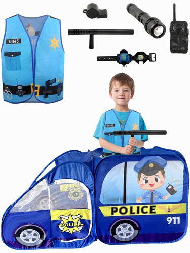 7 Pcs Kids Police Car Pop Up Play Tent Police Playset Police Vest Hat ...