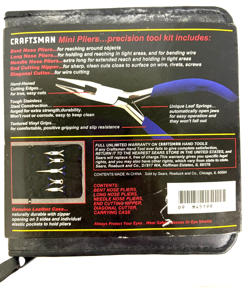 5 PIECE PRECISION PLIERS SET STAINLESS STEEL IN POUCH - SEARS CRAFTSMAN ...