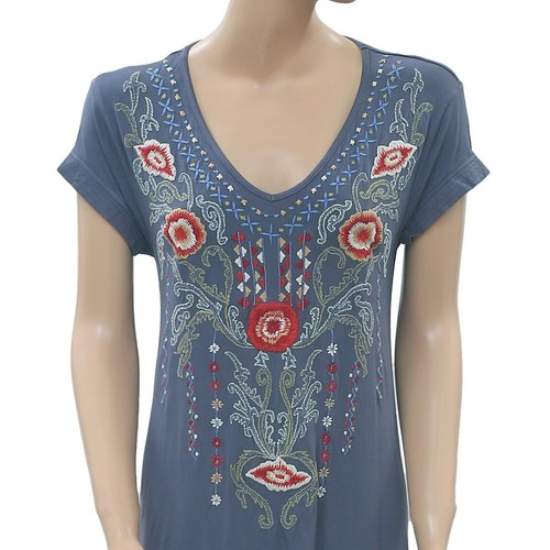 Caite Anthropologie Floral Embroidered Dress Short Sleeve Gray Boho S ...