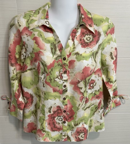 JM Collection 100% Linen Floral Full Button Shirt 3/4 Tie Sleeve 6 P ...