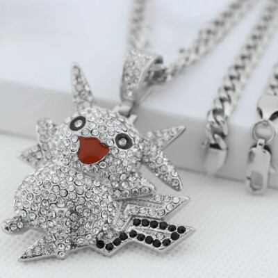 Mens 24" Stainless Steel.Silver Pikachu Cubic Zirconia Pendant Cuban ...