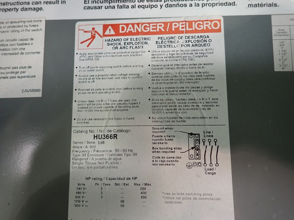 Square D HU366R 600 amp 600 volt NON Fused 3R Outdoor Disconnect | eBay