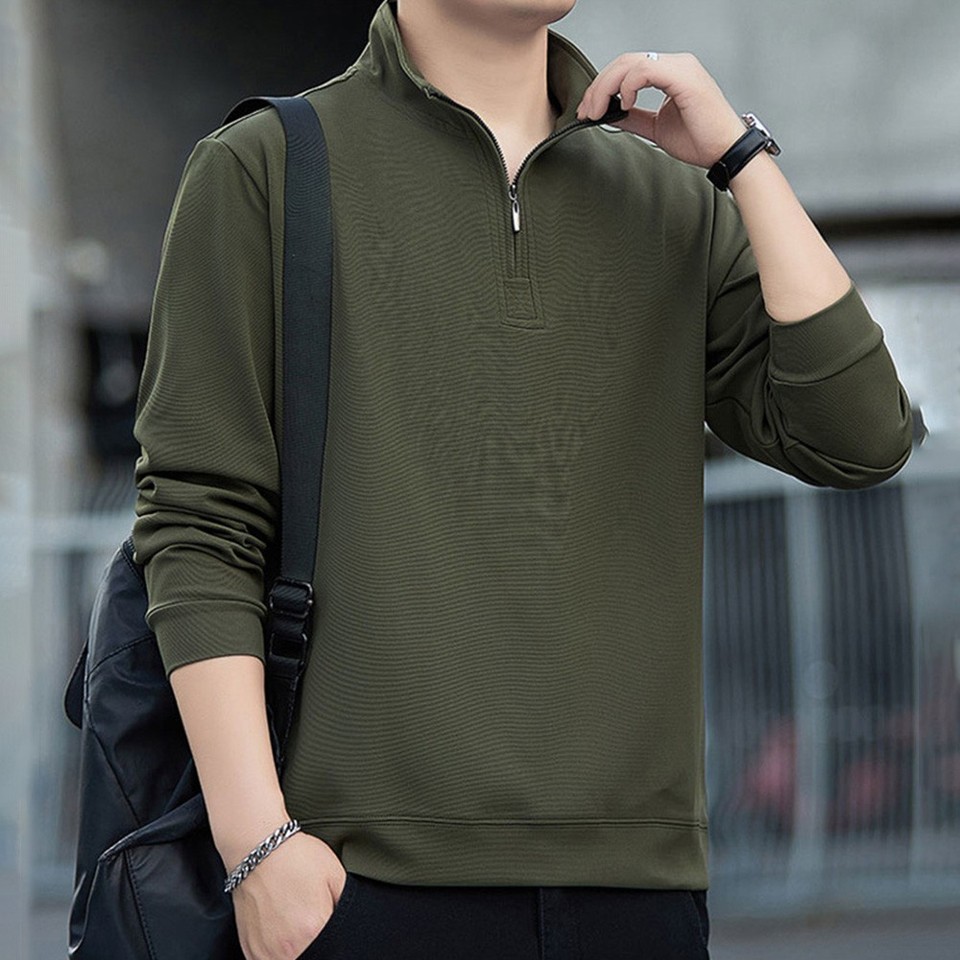 Mens Solid Color Pullover Hoodie Long Sleeve Zip Neck Casual High ...