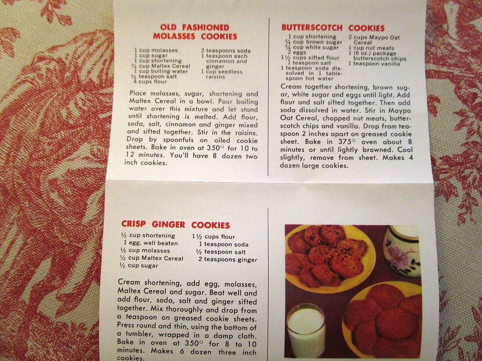 1950's VERMONT RECIPES FOLD-OUT INSERT: MALTEX CEREAL & MAYPO OAT ...
