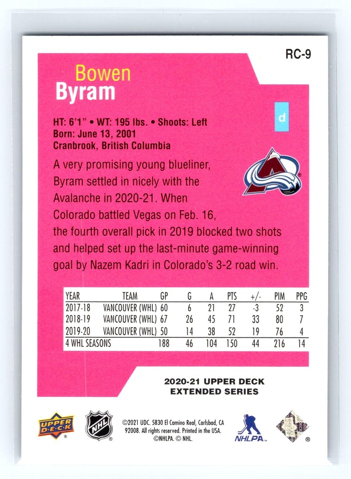 2020 Upper Deck Bowen Byram RC-9 Rookie Class SE | eBay