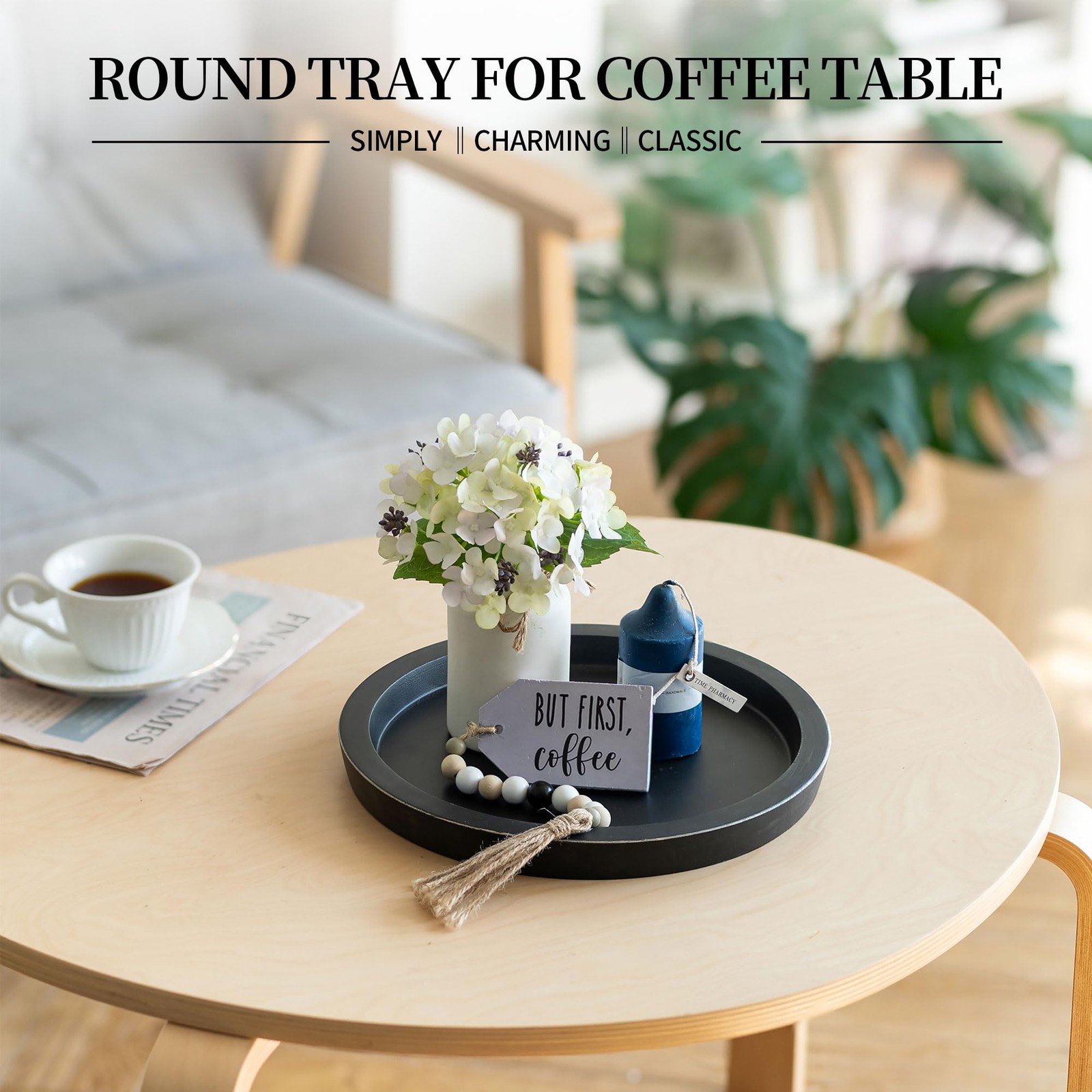 Black Round Decorative Coffee Tray Wooden Trays for Coffee Table ...