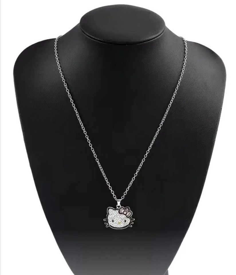 Sanrio Hello Kitty Rhinestone Hello Kitty Face Pendant Silver Necklace ...