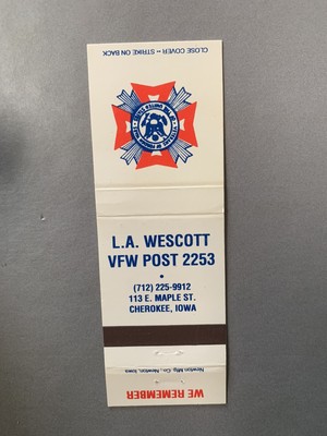 Vintage L.A. Wescott VFW Post 2253 Cherokee Iowa Matchbook Cover ...