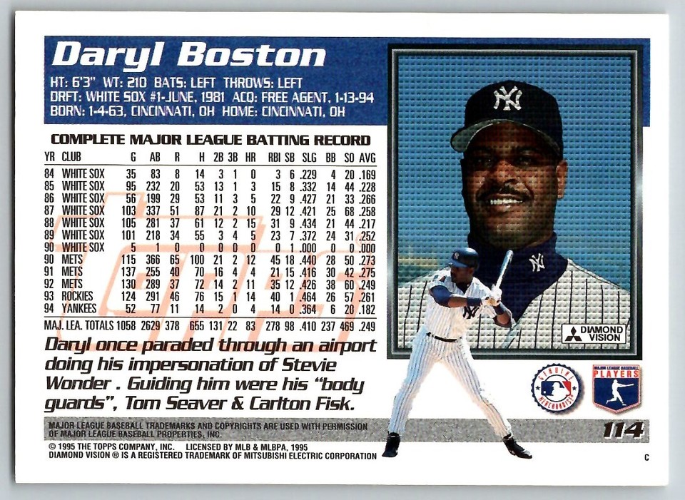 1995 TOPPS DARYL BOSTON NEW YORK YANKEES #114 | eBay